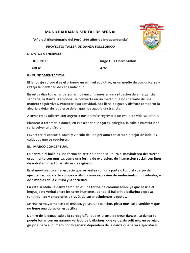 Proyecto Taller de Danza Folclorica | PDF | Bailes | Ciencia cognitiva