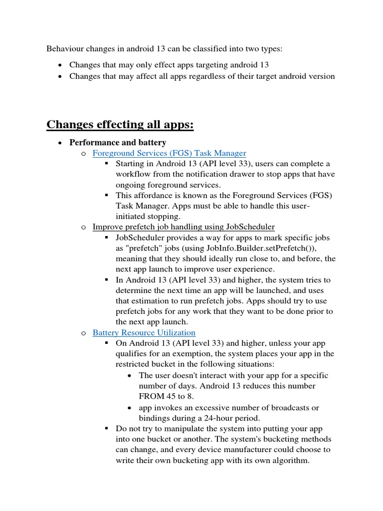 Behaviour Changes in Android 13 | PDF | Android (Operating System) | Mobile App