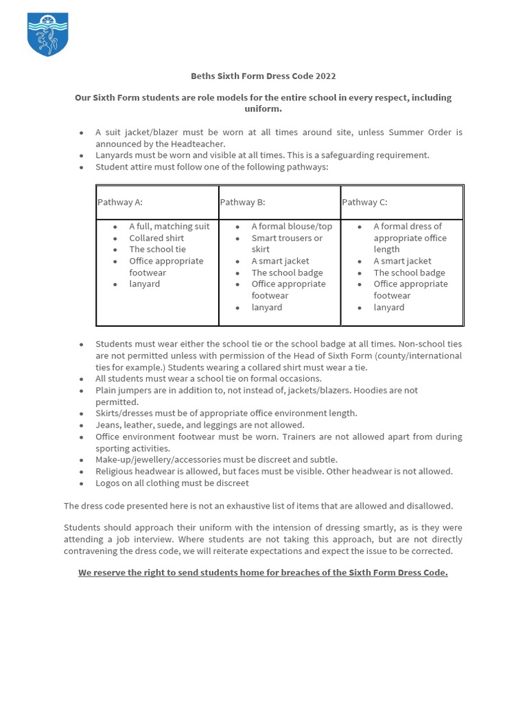 Beths Sixth Form Dress Code 2022 | PDF | Dress | Necktie