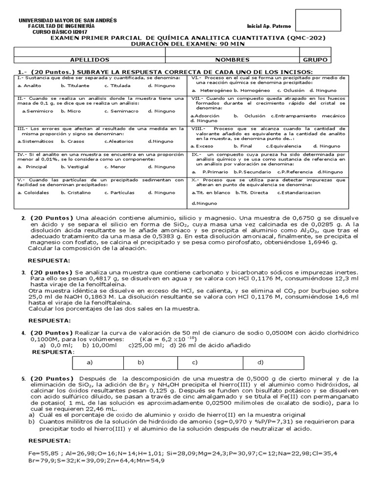 1er Exa - Qmc-202-I-2017 | PDF | Ácido clorhídrico | Ácido