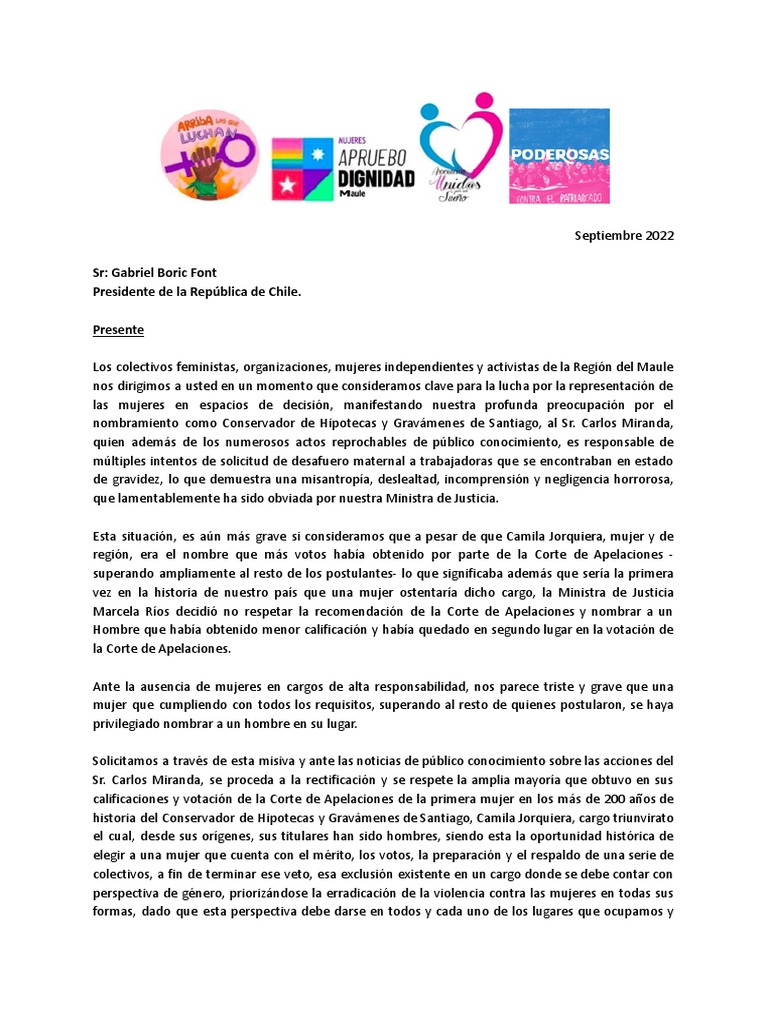 Carta para El Presidente Boric | PDF | La violencia contra las mujeres ... Carta para El Presidente Boric | PDF | La violencia contra las mujeres ...