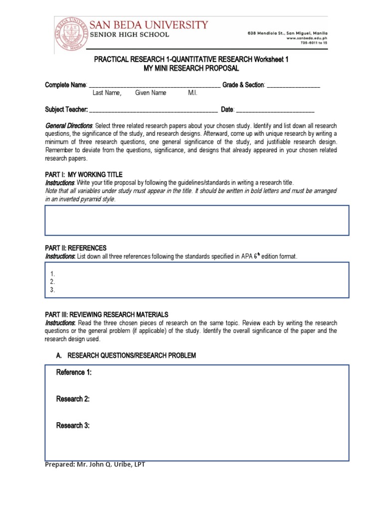 PR2 Worksheet No. 1. Mini Research Proposal 1 | PDF