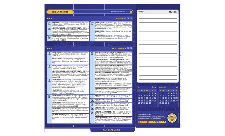 Aug1 2022-Bir-Tax-Calendar | PDF | Taxes | Services (Economics)