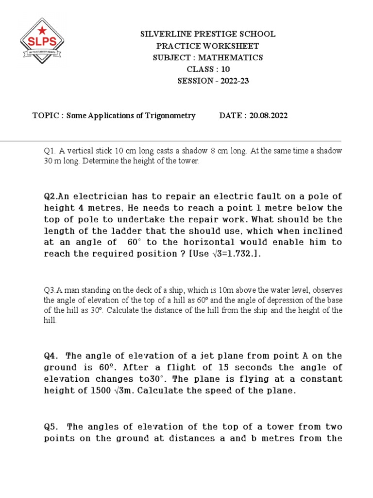 Some Applications Of Trignometry Pdf Angle Shadow