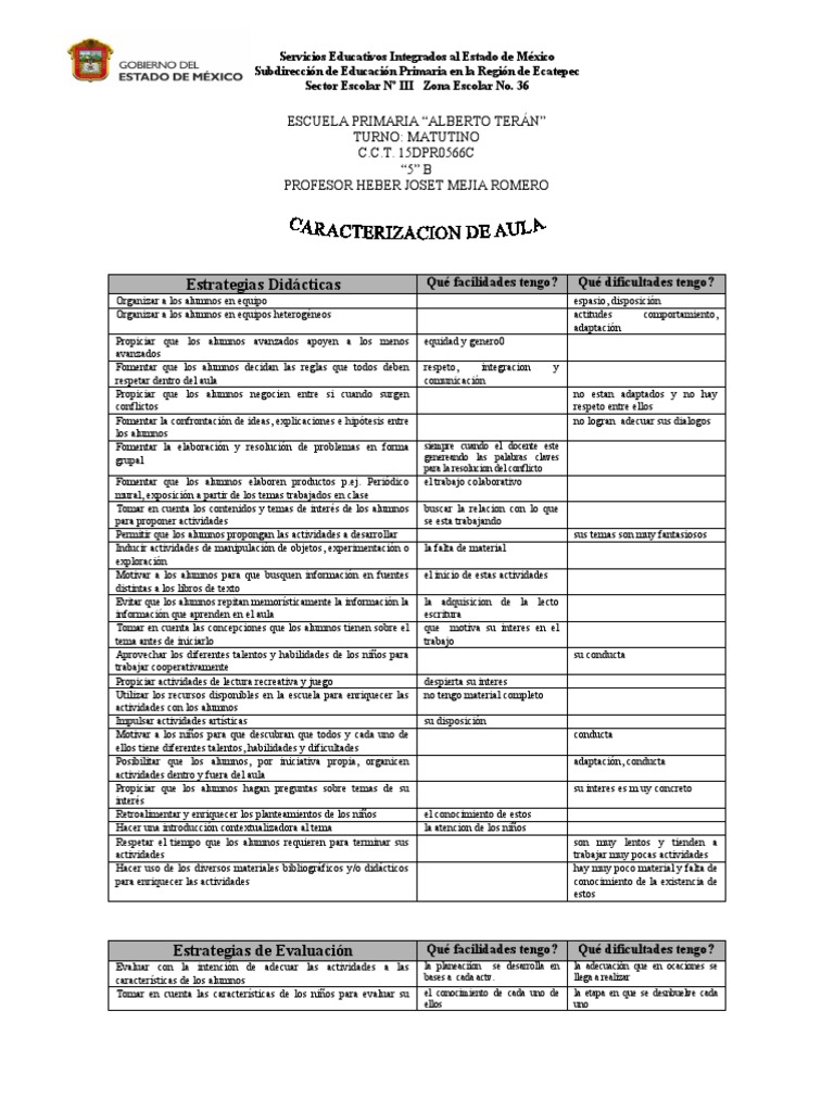Caracterizacion de Aula | PDF | Educación primaria | Salón de clases
