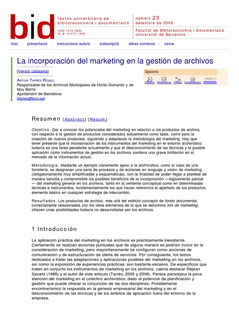 Lectura 8 Tarrés Rosell, Antoni (2009) - La Incorporación Del Marketing ... Lectura 8 Tarrés Rosell, Antoni (2009) - La Incorporación Del Marketing ...