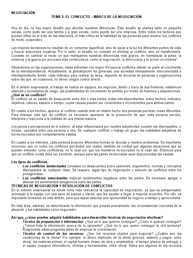 Tema 3 - El Conflicto - Marco de La Negociación | PDF | Negociación | Conflicto (proceso)
