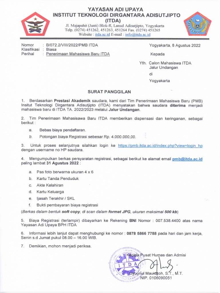Surat Jalur Undangan ITDA | PDF