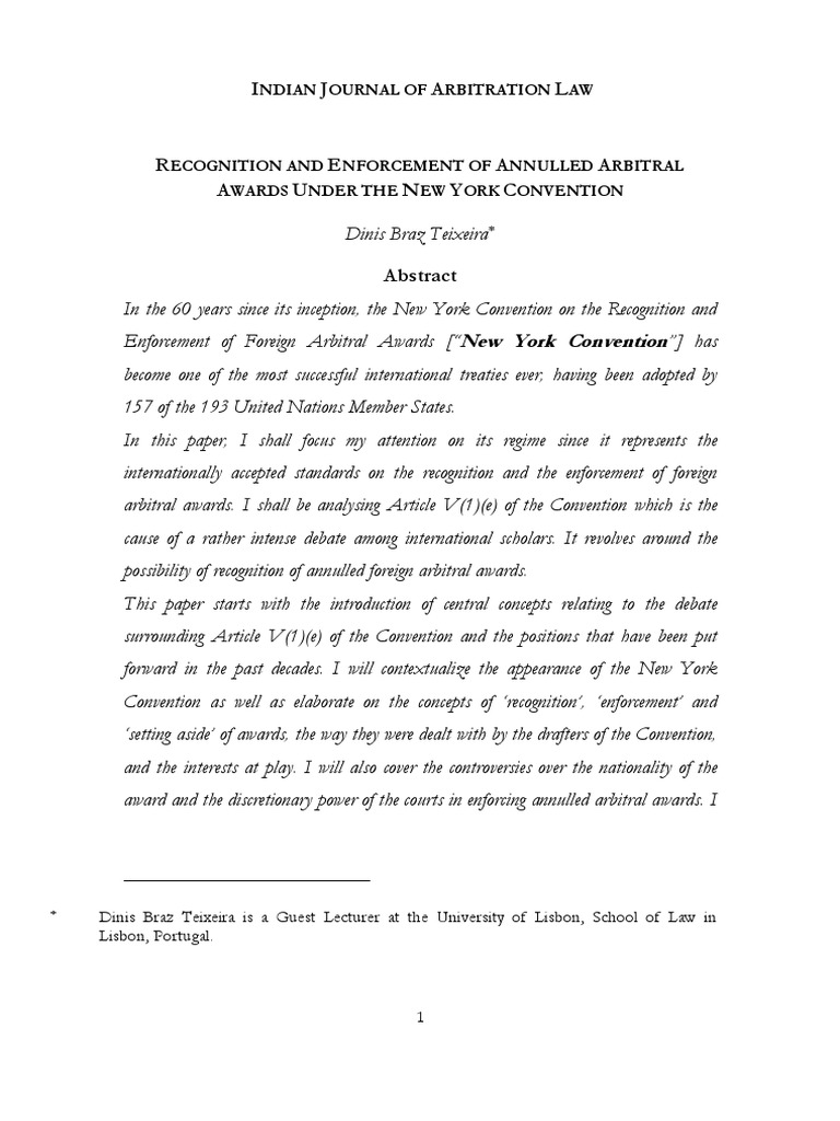 1 Recognition and Enforcement of Annulled Arbitral Awards Under The New York Convention | PDF ...