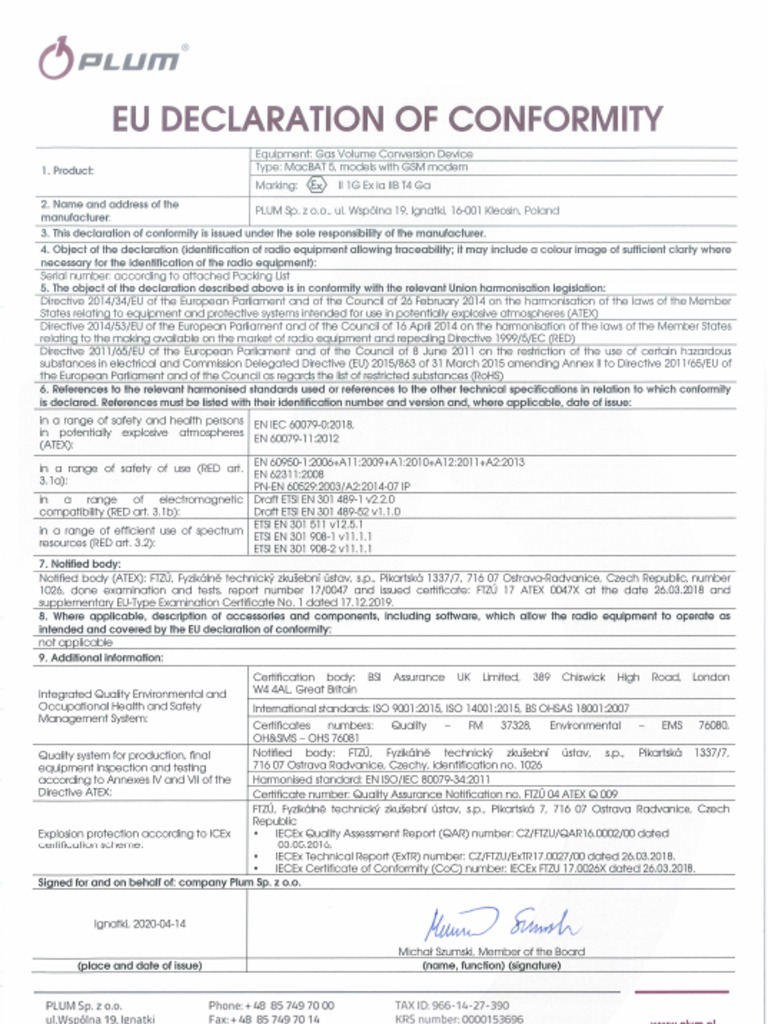MacBAT 5 Ex Design No MID With GSM Modem Declaration of Conformity - v3 ...