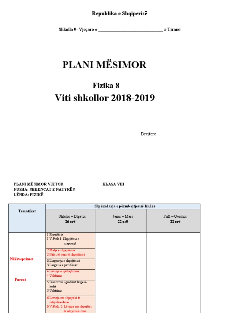 Fizika 8 Plani Vjetor Dhe Sipas Tremujoreve | PDF