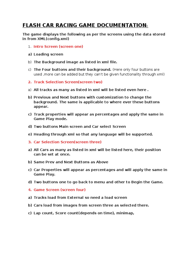 Flash Car Racing Game Documentation | PDF | Xml | Computer Data