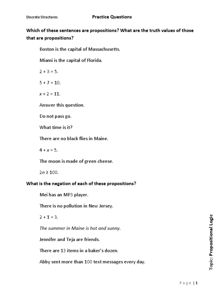 Q1 - Practice Questions (Propositional Logic) | PDF | Discrete Mathematics | Logic