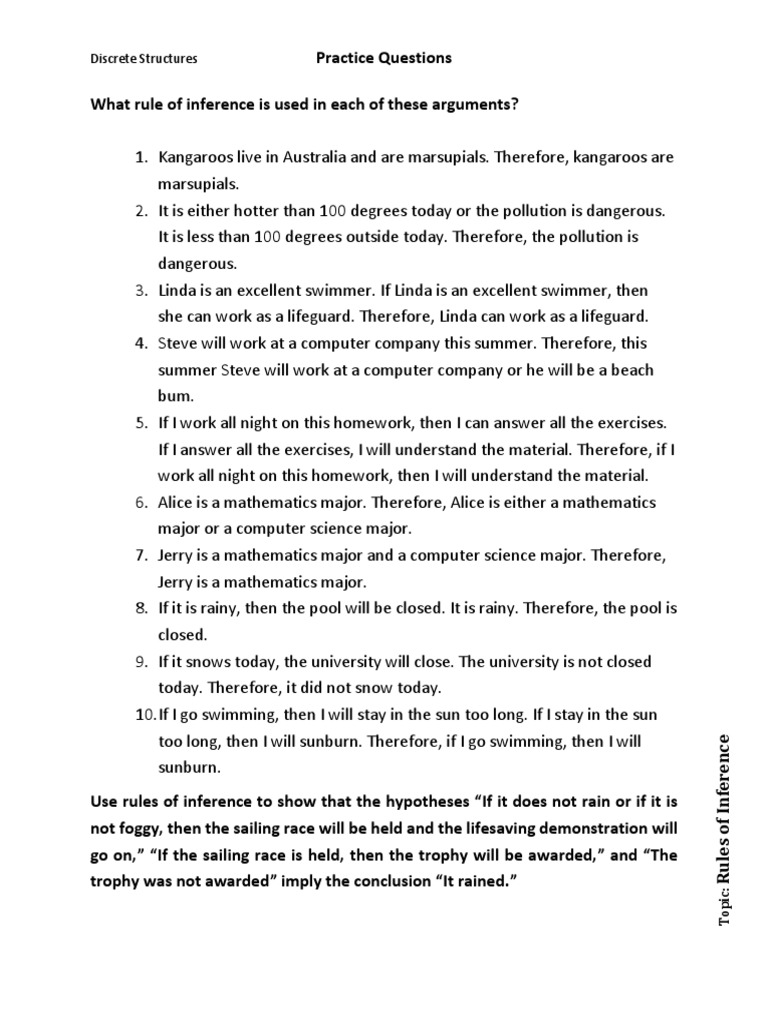 Rules of Inference Practice Questions | PDF | Argument | Fallacy