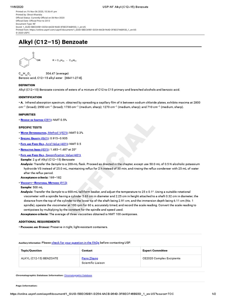 USP-NF Alkyl (C12-15) Benzoate | PDF | Ester | Chemical Compounds