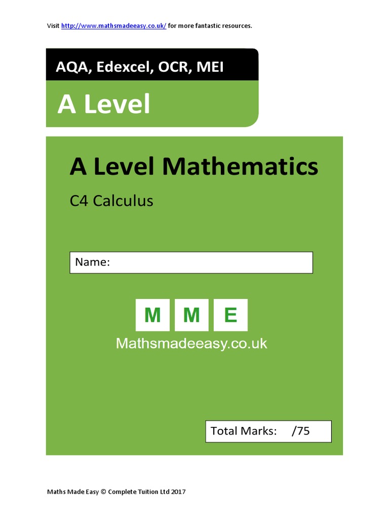 C4 A Level Maths Calculus Questions AQA OCR Edexcel MEI | PDF ...