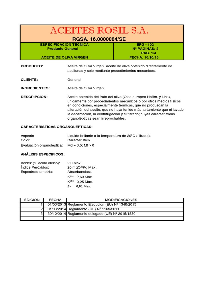 Ficha Tecnica Aceite de Oliva Virgen | PDF | Aceite de oliva | Nutrición