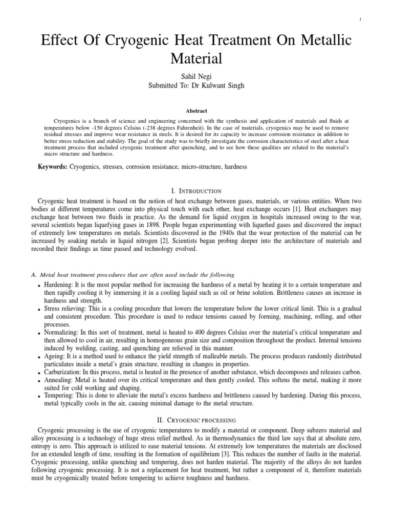 Effect of Cryogenic Heat Treatment On Metallic Material | PDF | Heat ...