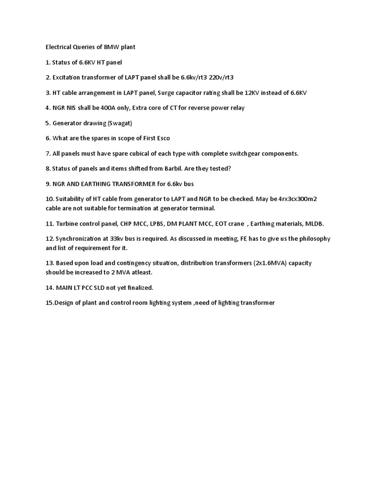 Electrical Queries of 8MW Plant | PDF