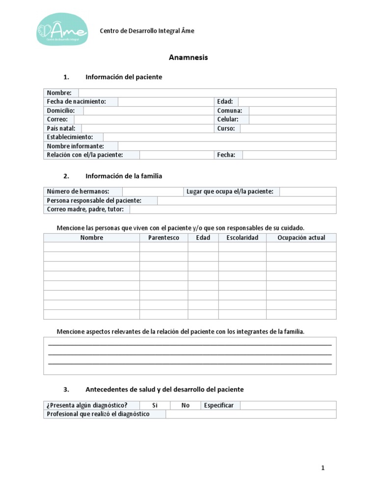 Formato de Anamnesis | PDF | Educación de la primera infancia | Especialidades Medicas