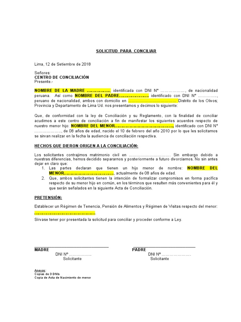 Modelo de Solicitud de Acta Conciliatoria. Peru | PDF