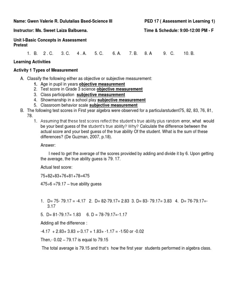 Dulutalias - Unit 1 - PED 17 Assessment in Learning 1-1 | PDF | Test ...