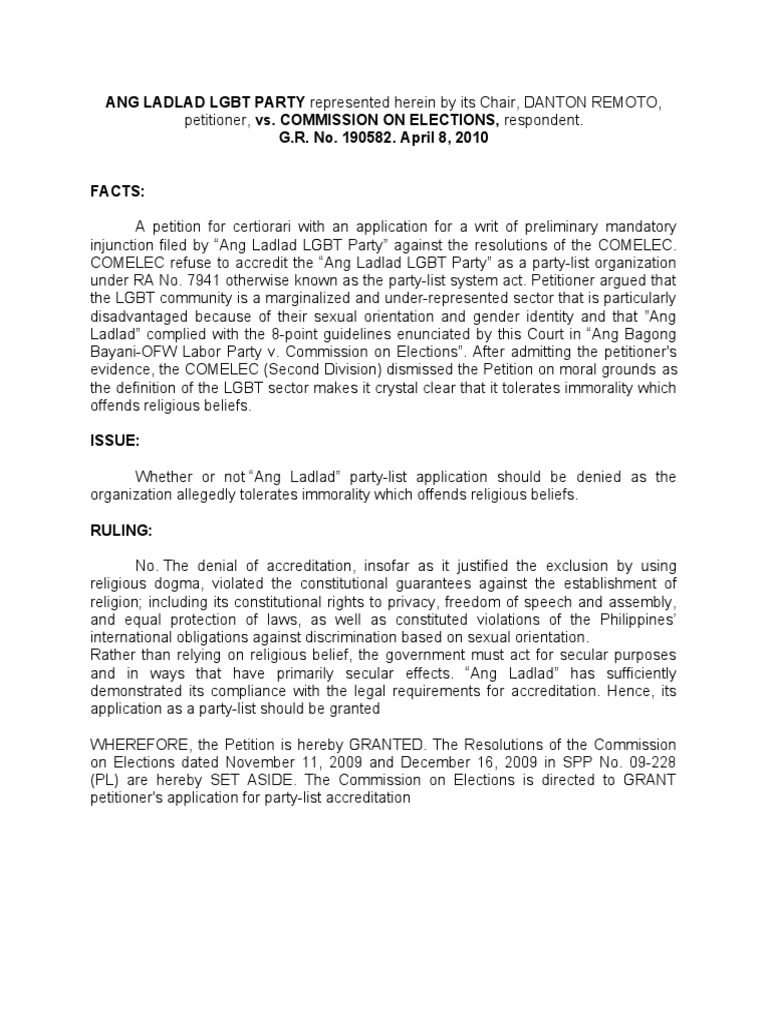 Ang Ladlad LGBT Party v. COMELEC - GR No. 190582, 8april 2010 | PDF