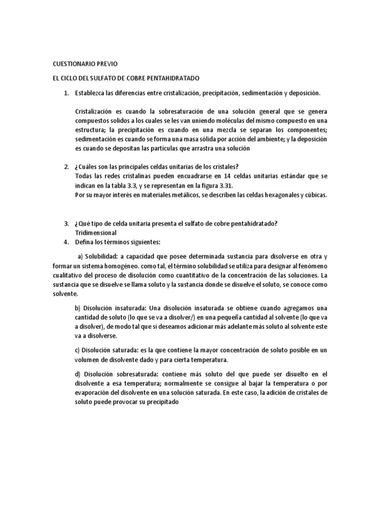 Cuestionario Previo P4 | PDF | Cristalización | Concentración