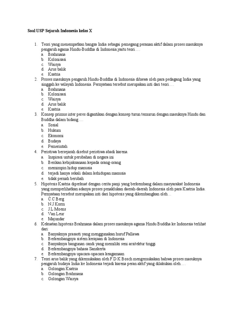 Kisi-Kisi Sejarah Indonesia Kelas X | PDF