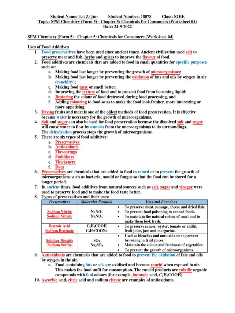 SPM Chemistry (Form 5) - Chapter 5 - Chemicals For Consumers (Worksheet ...