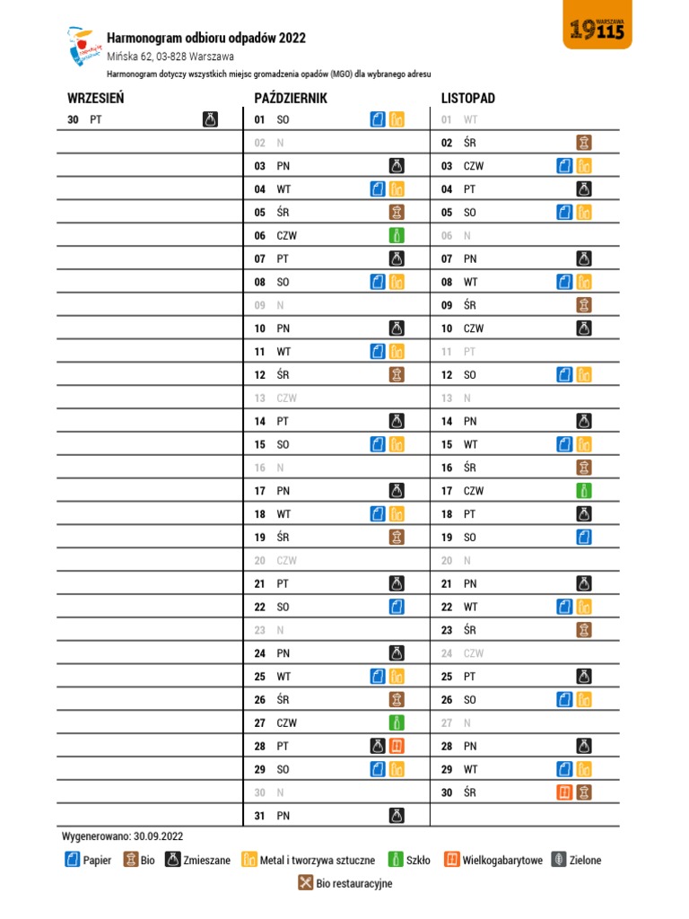 Harmonogram Odbioru Odpadów 2022: Mińska 62, 03-828 Warszawa | PDF