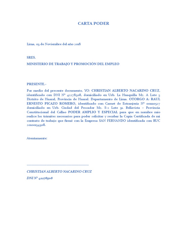 Modelo Carta Poder Ministerio de Trabajo para Solicitar Contrato | PDF