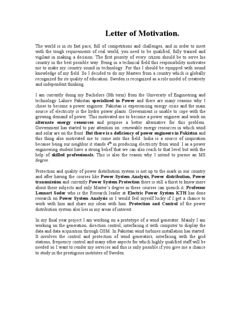 Letter of Motivation | Wind Power | Power Engineering
