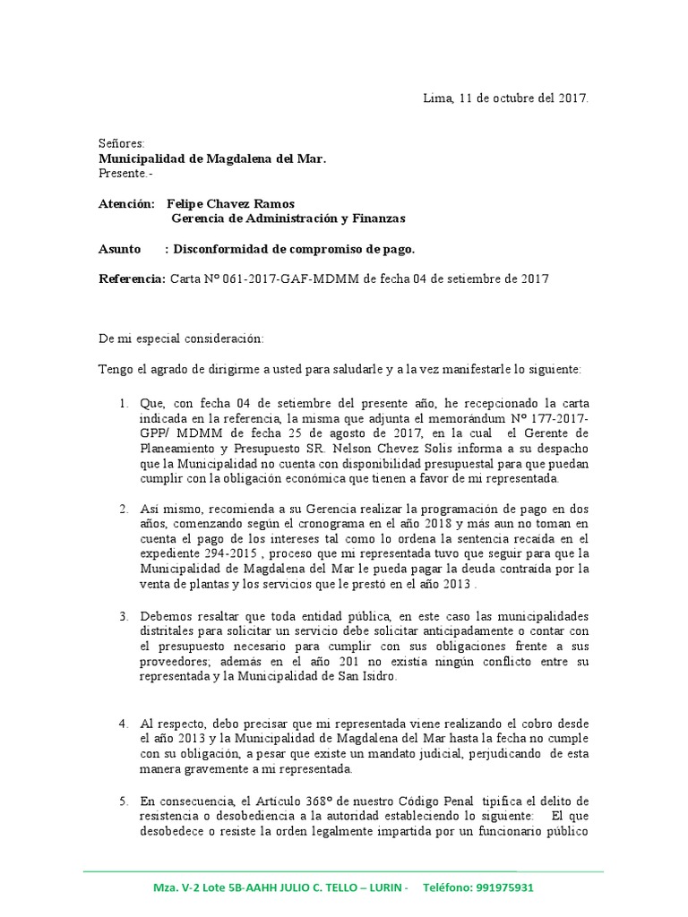 Carta de Disconformidad de Pago | PDF | Intención (Derecho Penal ...