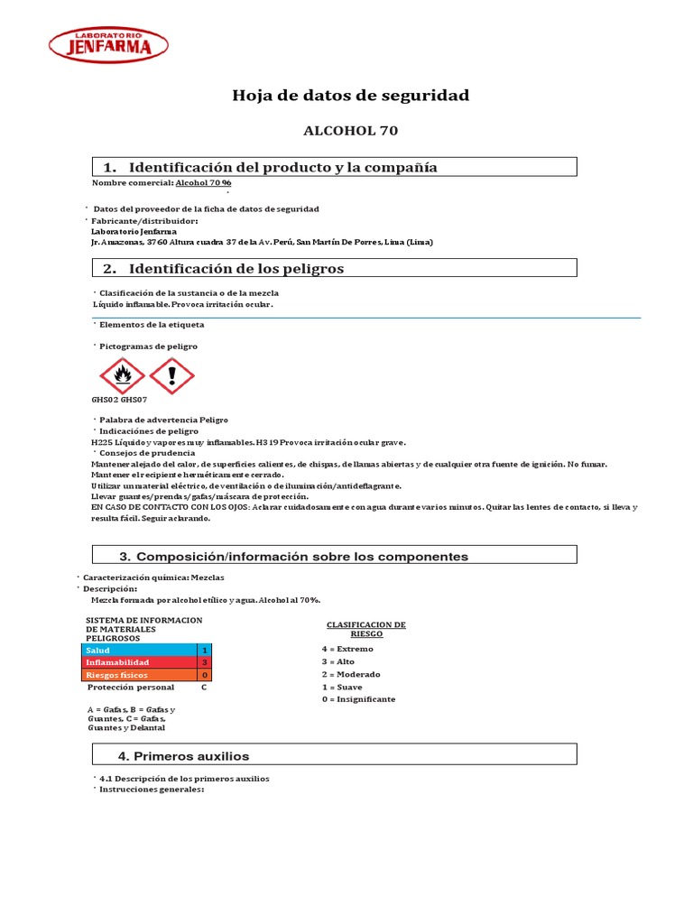 Hoja MSDS Alcohol Medicinal 70° - Jenfarma | Descargar gratis PDF ...