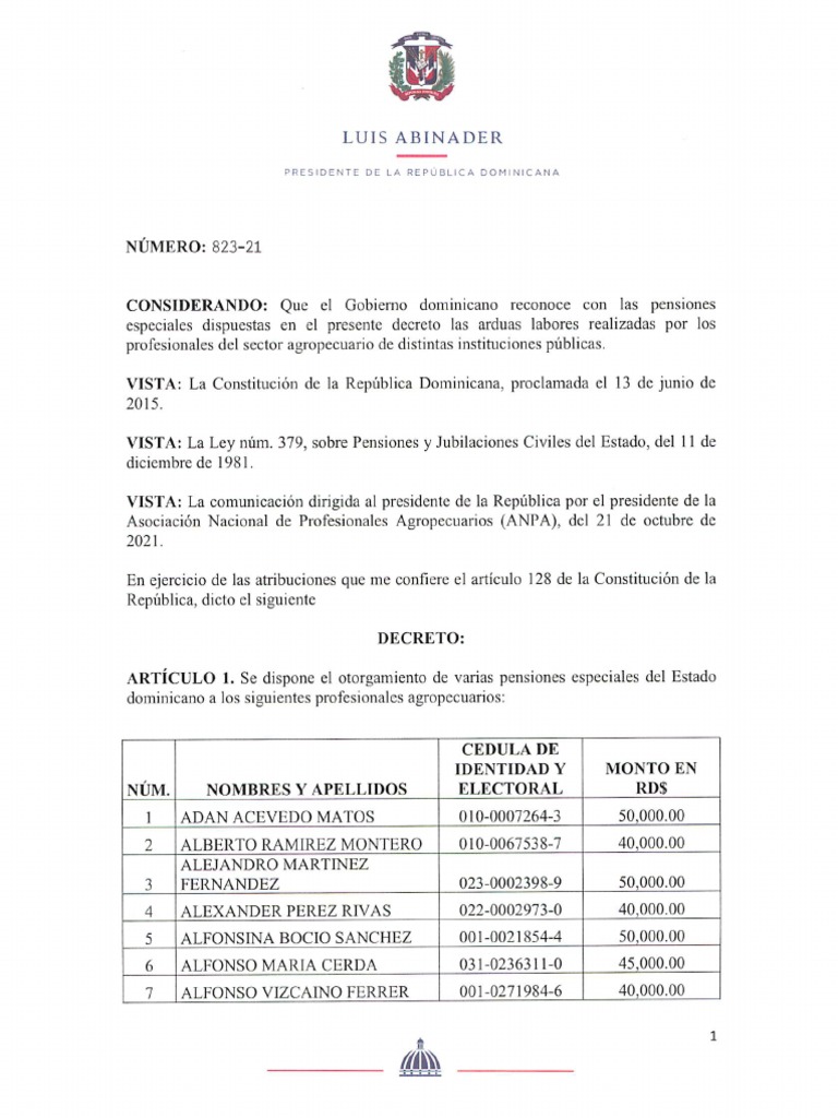 Decreto 823-21 | PDF | República Dominicana | Jubilación