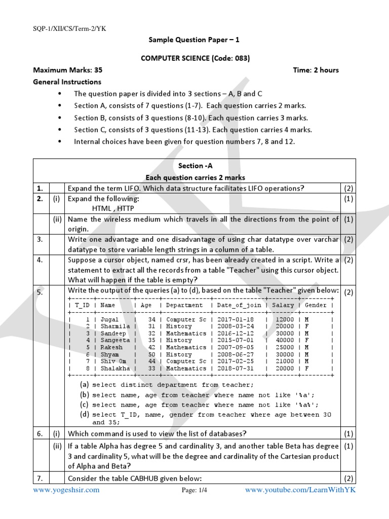 SQP1 CS Xii T2 2022 Yk | PDF | Network Switch | Databases