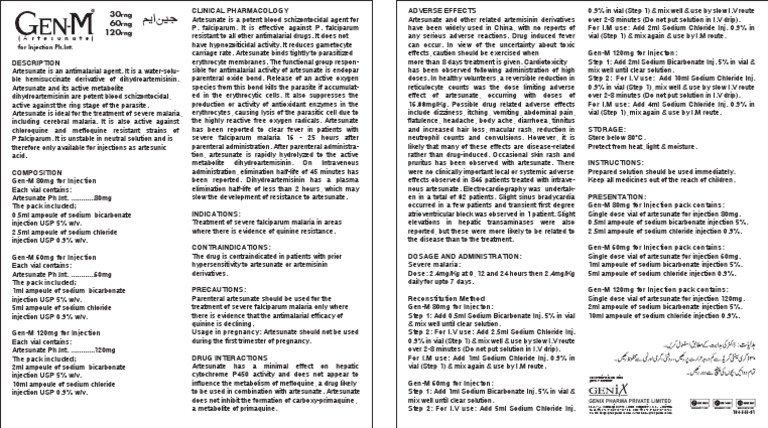 Gen M Injection-Artesunate | PDF | Malaria | Plasmodium Falciparum