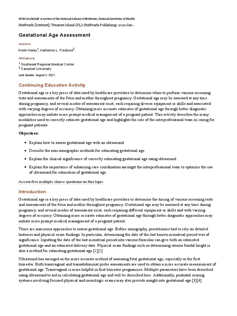 Gestational Age Assessment - StatPearls - NCBI Bookshelf | PDF ...