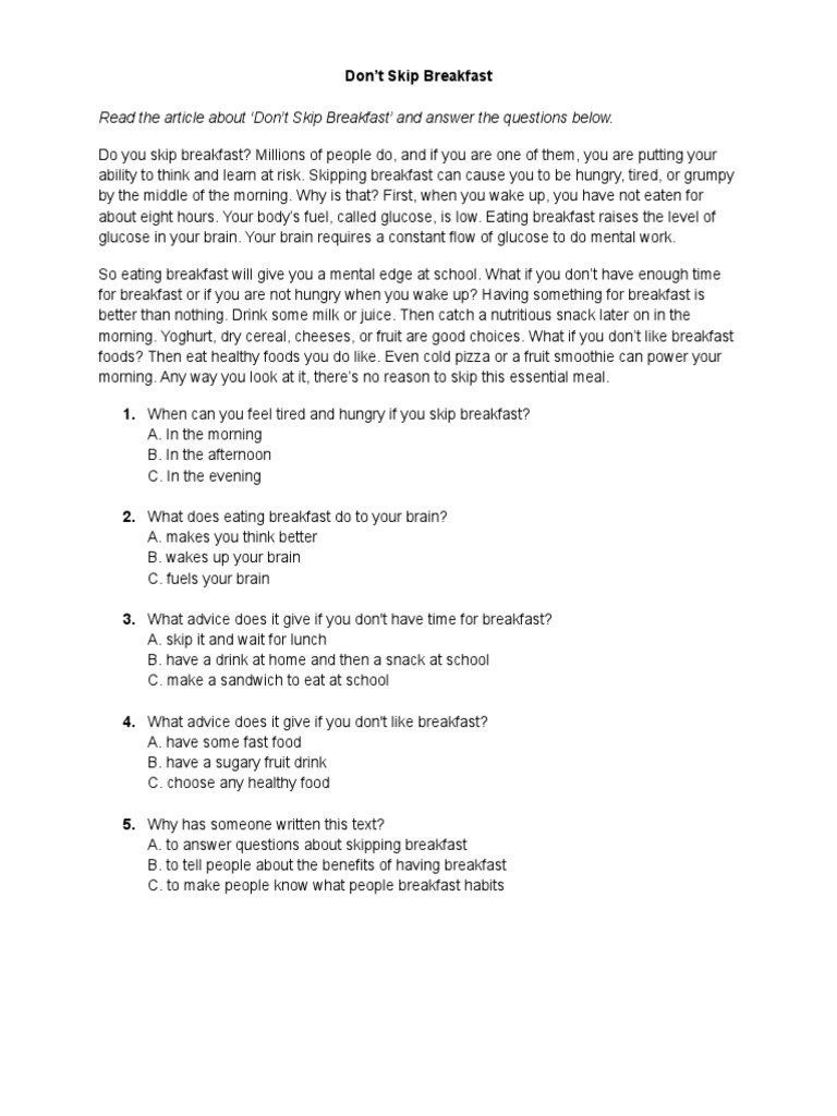 A2 Reading Part 3 - Dont Skip Breakfast | PDF