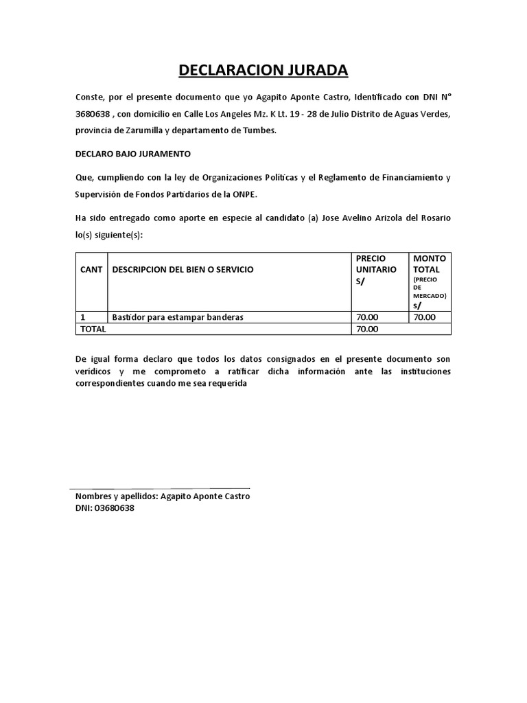 Modelo de Declaracion Jurada | PDF | Autenticación | Perú