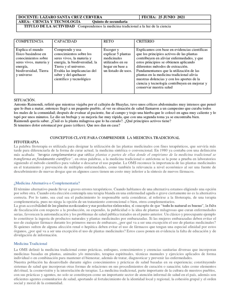 Actividad 1 Unidad 4 Quinto Cyt Santa Cruz | PDF | Medicina alternativa ...