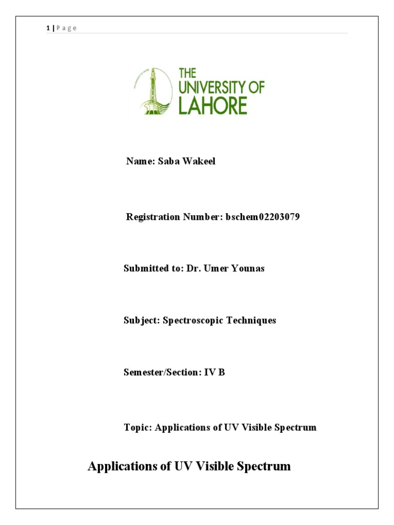 Applications of Uv Visible | PDF | Ultraviolet–Visible Spectroscopy | Spectroscopy