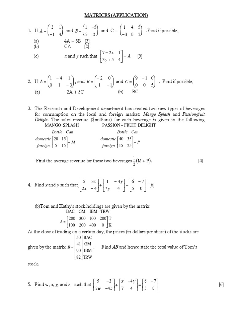 Matrices Application Worksheet | PDF | Matrix (Mathematics) | Market (Economics)