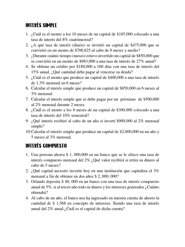 Ejercicios Interés Simple y Compuesto | PDF | Interés | Interés compuesto