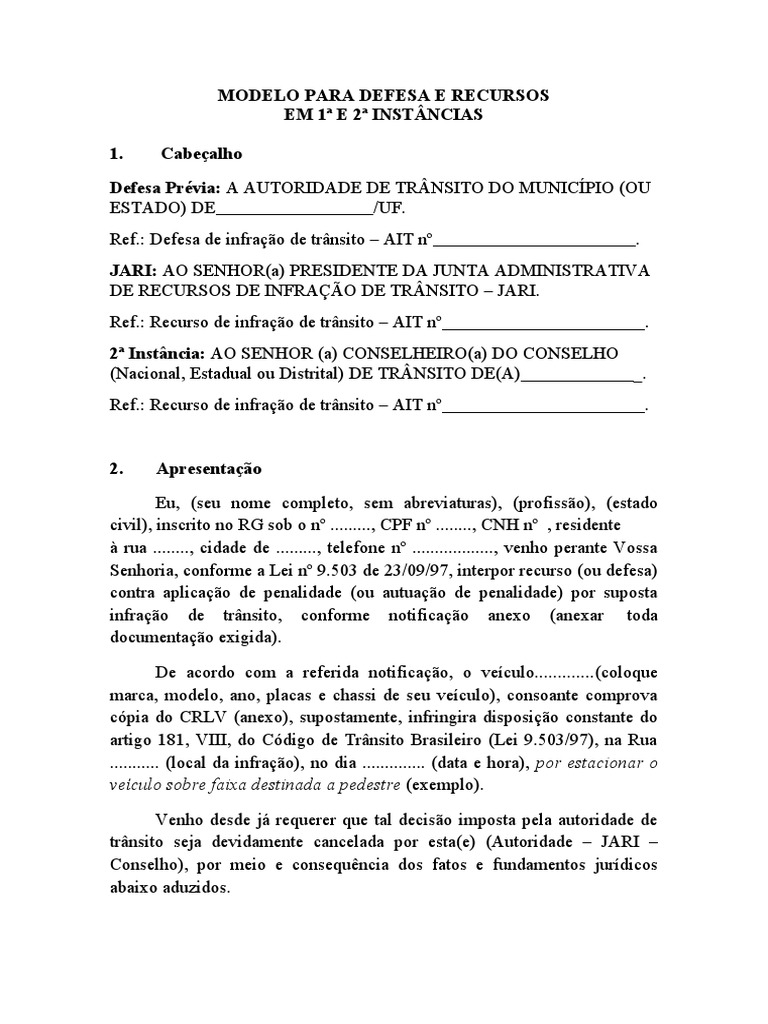 Modelo de Defesa Prévia e Recursos - Resumido | PDF | Tráfego | Justiça