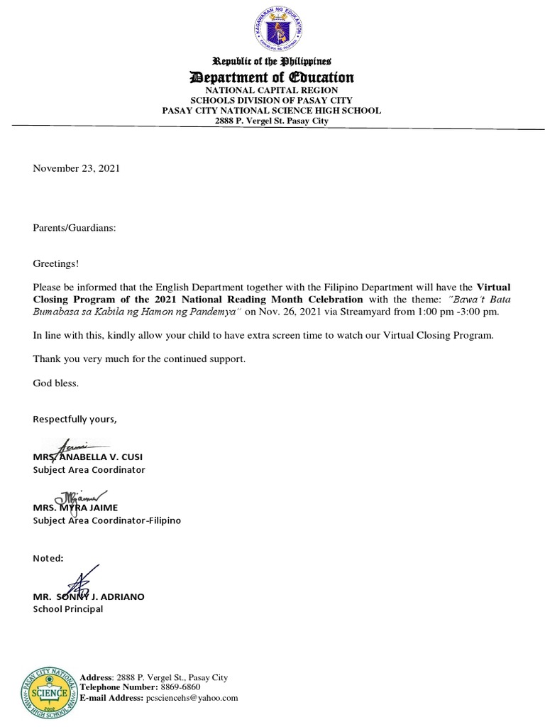 CLOSING PROGRAM Letter For Parents With Consent Form | PDF