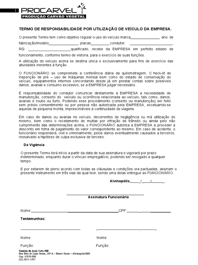 Termo De Responsabilidade Por Utili De Veiculo Empresa Pdf