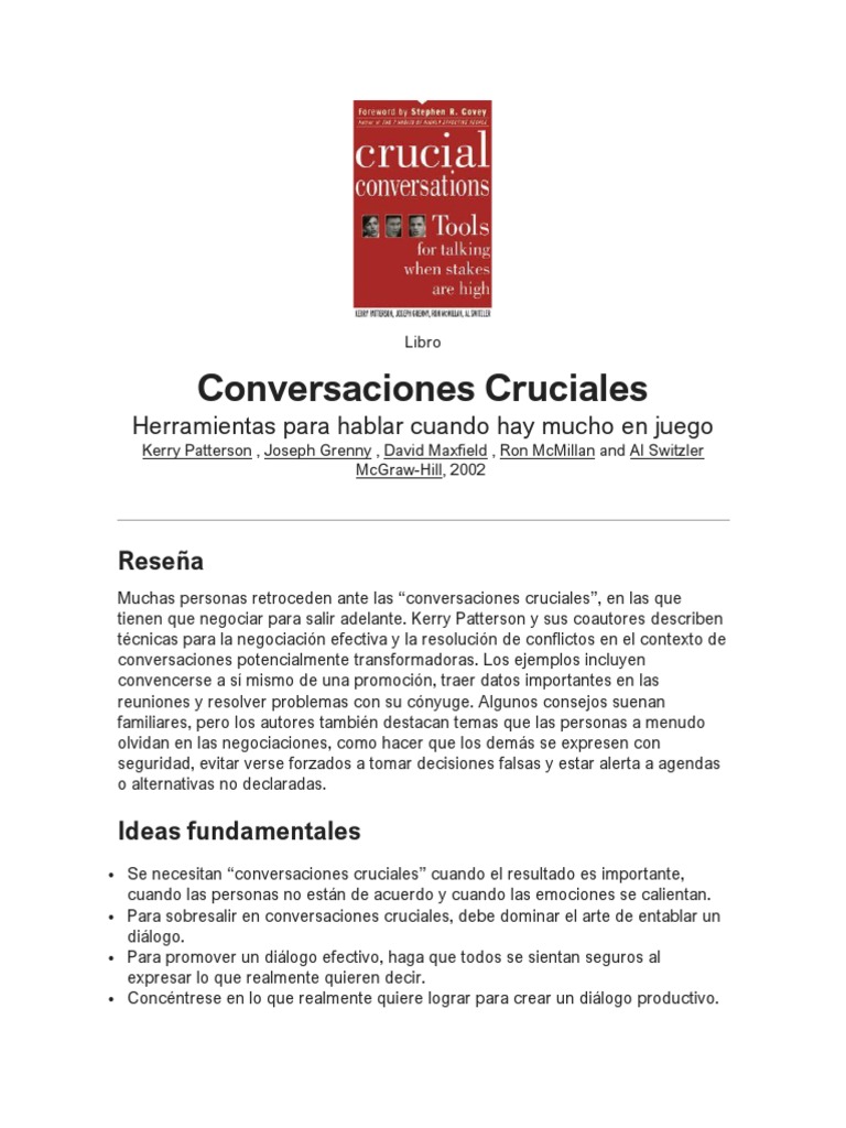Resumen Libro Conversaciones Cruciales | PDF | Las emociones | Toma de decisiones
