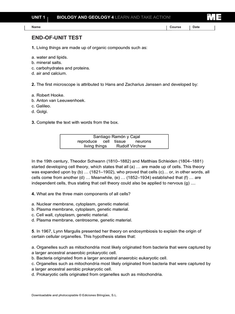 01.end of Unit - Test | PDF | Cell (Biology) | Organelle